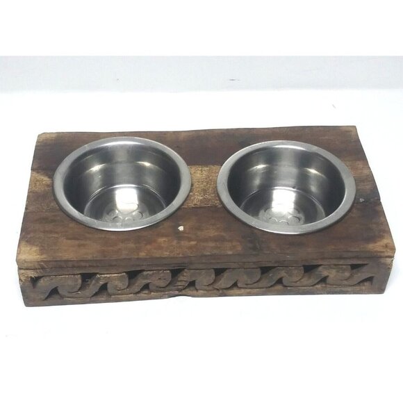 Handmade | Dog | Vtg Htf Wood Dog Bowl Set Vintage Country Carved ...